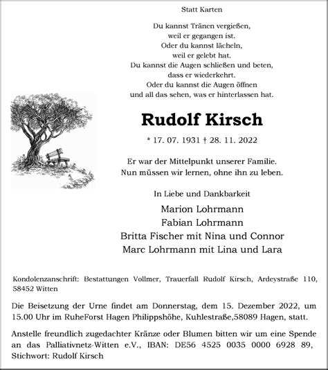Traueranzeigen Von Rudolf Kirsch Trauer In Nrwde