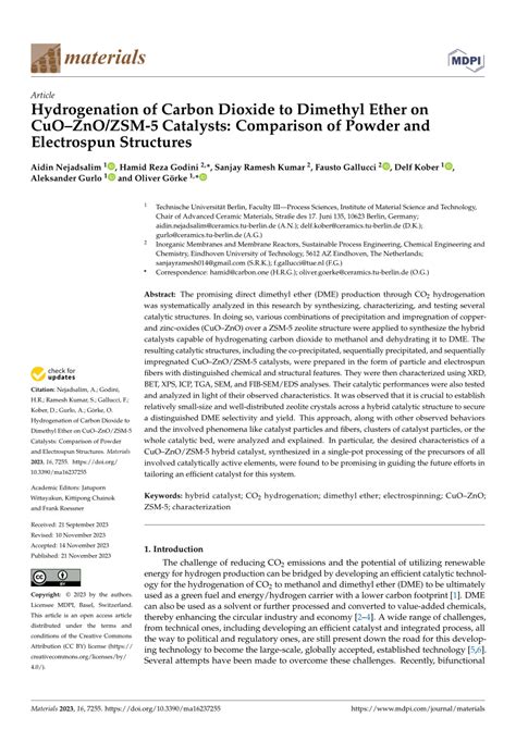 Pdf Hydrogenation Of Carbon Dioxide To Dimethyl Ether On Cuoznozsm 5 Catalysts Comparison