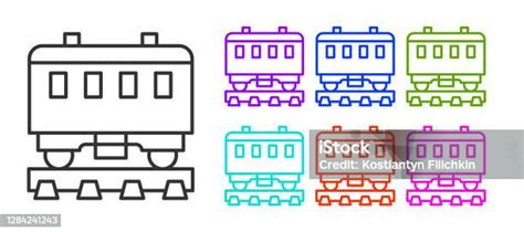 흰색 배경에 고립 된 검은 줄 여객 열차 자동차 아이콘 철도 마차 다채로운 아이콘을 설정합니다 벡터 관광에 대한 스톡 벡터 아트