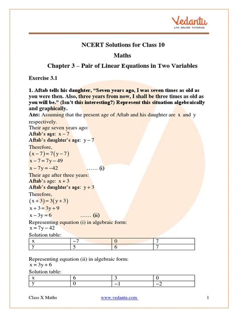 Ncert Solutions For Class 10 Maths Pair Of Linear Equations In Two Variables Pdf Equations
