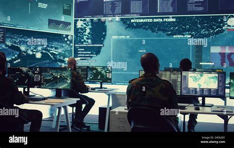 Military Crew Working In Reconnaissance Control Tower Power Base Monitoring Air And Sea Traffic