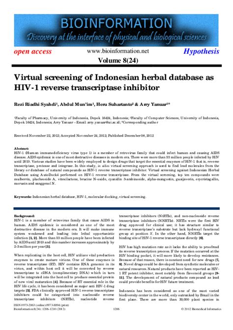 Pdf Virtual Screening Of Indonesian Herbal Database As Hiv 1 Protease Inhibitor