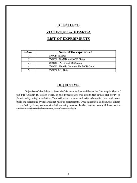 Btech Ece Vlsi Design Lab Part A List Of Experiments Sno Name Of The Experiment Pdf