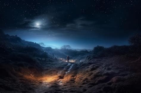Premium AI Image A Man Walking On A Path In The Night Sky