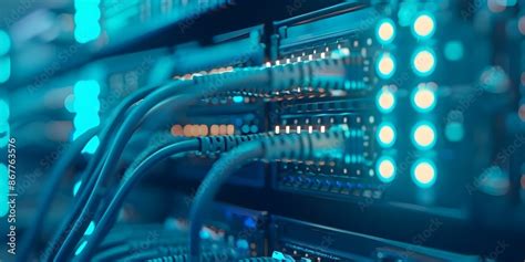 LED Status Lights On Network Switch Display Connection Status Of Data Center Cables Concept
