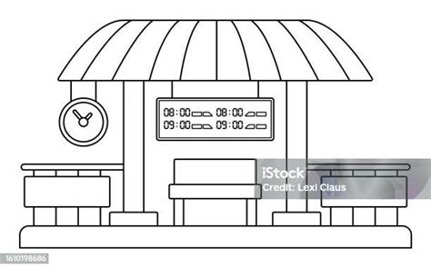 벡터 흑백 기차역 라인 아이콘입니다 철도 열차 대기소 도시 또는 시골 노선 교통 클립 아트 또는 시계 벤치 지붕 및 시간표가있는 색칠 공부 페이지 아이콘에 대한 스톡 벡터