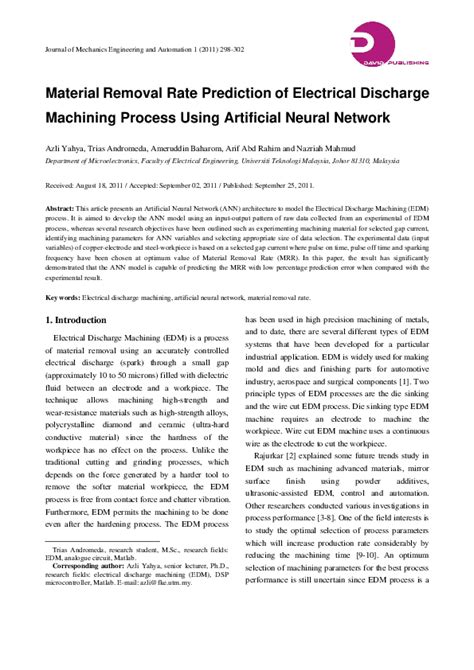Pdf Material Removal Rate Prediction Of Electrical Discharge Machining Process Using