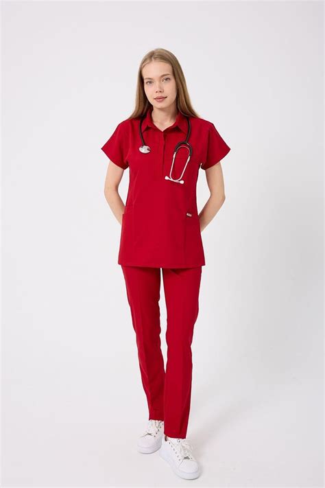 Red Polo Collar Medical Scrub Set For Women With Drawstring Pants