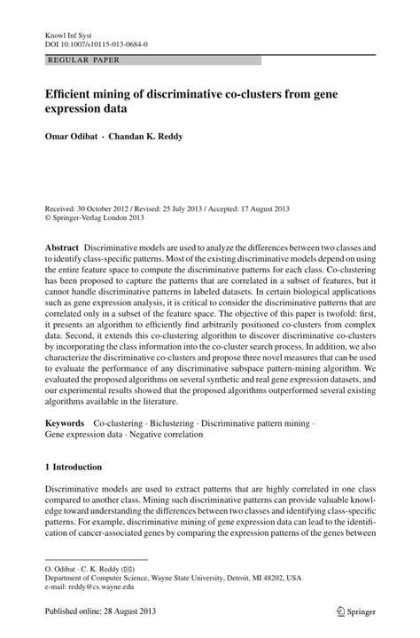 Pdf Efficient Mining Of Discriminative Co Clusters From Gene Expression Data