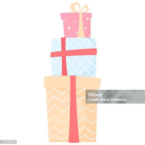 리본과 활을 가진 선물의 벡터 스택 흰색 배경에 고립되어 있습니다 깜짝 선물 충성도 보상 프로그램 생일 선물 나무 아래 새해 선물 공휴일에 대한 스톡 벡터 아트 및 기타
