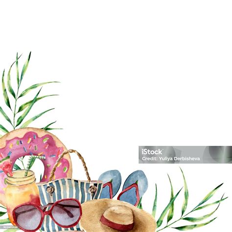 수채화 여름 해변 인쇄입니다 손으로 그린 개체와 여름 휴가 프레임 선글라스 밀 짚 모자 비치 가방 수영장 부유물 칵테일 팜 나무 잎 및 플립플롭 열 대 그림입니다 바다에