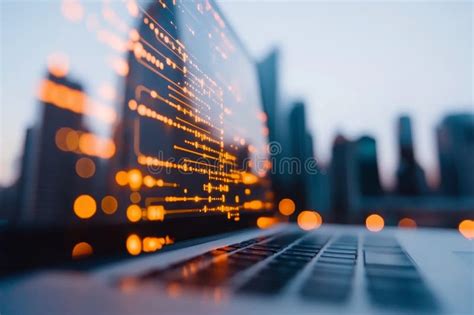 City Skyline With Laptop Showcasing Coding And Programming At Twilight