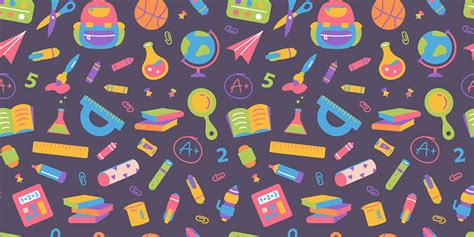 어두운 배경에 학교 완벽 한 패턴으로 돌아 가기 학교 가로 배너 와 학용품 와 어린이 배너 카드 포스터 패턴 벡터 완벽 한 패턴