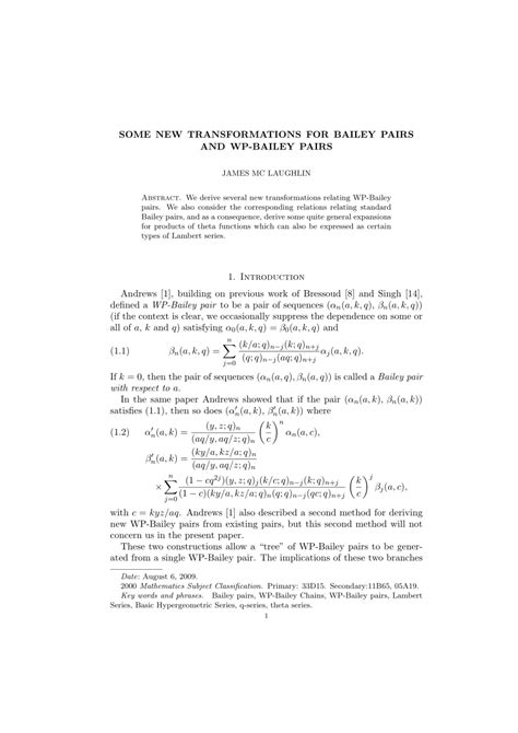 Pdf Some New Transformations For Bailey Pairs And Wp Bailey Pairs