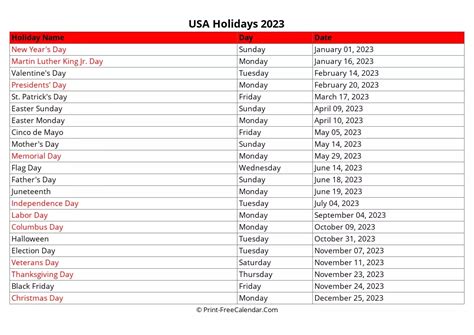 Usa Holidays 2023 Print Freecalendarcom