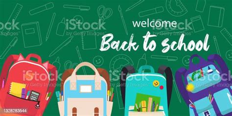 학교 웹 배너로 돌아갑니다 배낭과 교육 용품의 다채로운 그림과 녹색 배경 신학기에 대한 스톡 벡터 아트 및 기타 이미지 신학기 녹색 등 Istock