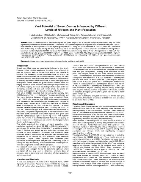 Pdf Yield Potential Of Sweet Corn As Influenced By Different Levels