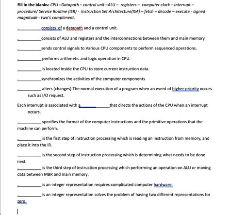 Solved Fill In The Blanks Cpu Datapath Control Unit Alu