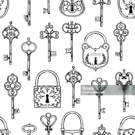 손 벡터 일러스트 레이 션빈티지 키와 잠금 완벽 한 패턴을 스케치 장식 기호 디자인 요소입니다 중세 키입니다 초대장 인사말 카드 섬유 인쇄 포스터 등을 위한 완벽 한 판화