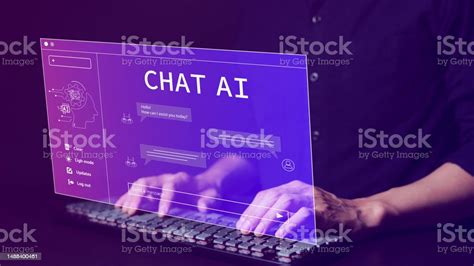 Ai 또는 인공 지능 기술과 채팅하십시오 지능형 인공 지능과 채팅하는 랩톱 컴퓨터를 사용하는 남자는 원하는 답변을 묻습니다 미래형 스마트 어시스턴트 Chat Ai 생성형