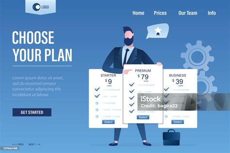 계획 방문 페이지 템플릿을 선택합니다 가격표 세트입니다 제안 관세의 집합 비즈니스용 가격 표입니다 사업가는 프리미엄 플랜을 권장합니다 가격에 대한 스톡 벡터 아트 및 기타