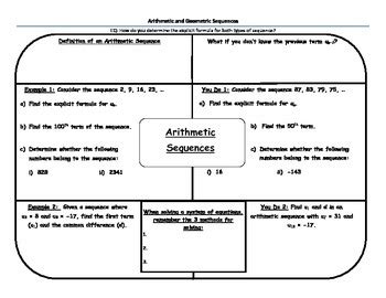 Arithmetic And Geometric Sequences Guided Notes TPT