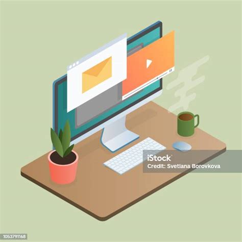 컴퓨터와 커피 작업 영역입니다 아이소메트릭 3d 디자인입니다 3차원 형태에 대한 스톡 벡터 아트 및 기타 이미지 3차원 형태