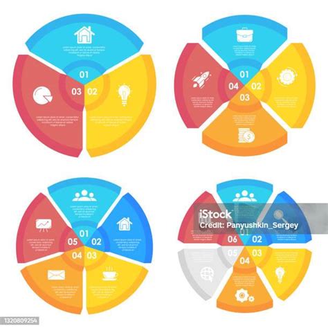 서클 다이어그램 옵션 웹 디자인 그래프 및 원형 인포그래픽을 위한 템플릿을 설정합니다 3 4 5 6 요소 단계 또는 옵션이있는 비즈니스 개념 0명에 대한 스톡 벡터 아트 및