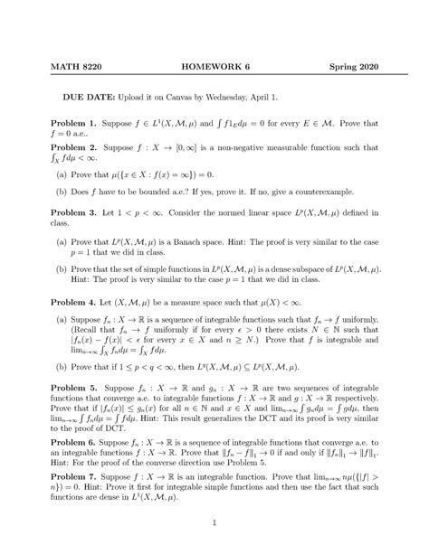 Hw6 Hw6 Math 8220 Homework 6 Spring 2020 Due Date Upload It On