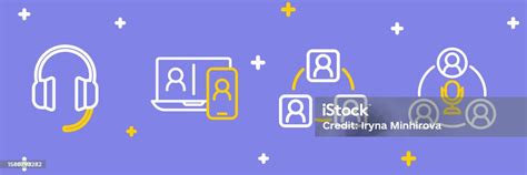 라인 회의 화상 채팅 회의 및 헤드폰 아이콘을 설정합니다 벡터 Brand Name Online Messaging Platform에 대한 스톡 벡터 아트 및 기타 이미지