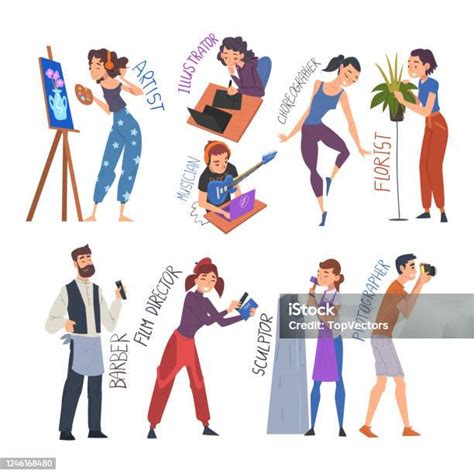 사람 오브 크리에이티브 직업 세트 예술가 일러스트 레이터 안무가 플로리스트 이발사 영화 감독 조각가 사진 작가 만화 스타일 벡터