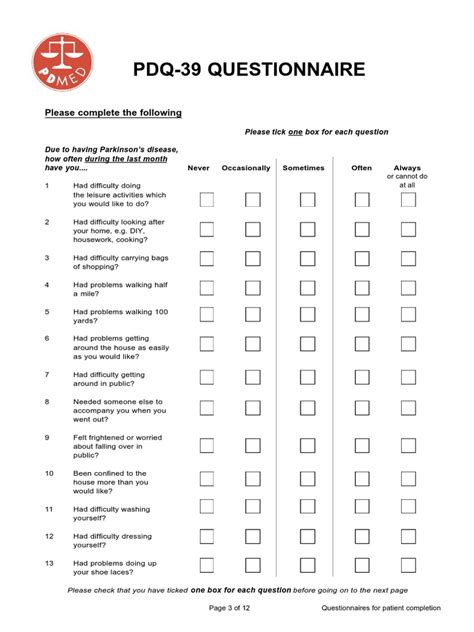 Pdq 39 Questionnaire Please Complete The Following Download Free Pdf
