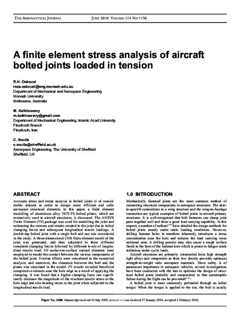 Pdf A Finite Element Stress Analysis Of Aircraft Bolted Joints Loaded