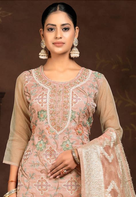 Buy Digital Printed Organza Pakistani Suit In Peach Online Kjc3793
