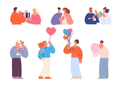 생일 축하 문자 여자 파티 풍선 플랫 십대 기념일 사람이 선물 상자를 가지고 행복 축제 기업 완전 벡터 세트 프리미엄 벡터