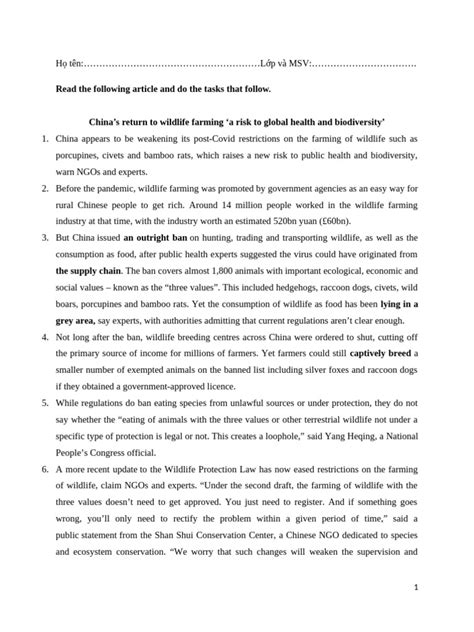 Đề Tham Khảo Đọc Tacn 1 Pdf Wildlife Agriculture