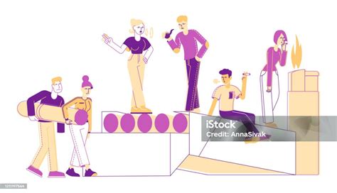 흡연자와 흡연 중독 개념 젊은 과 노인 연기 근처 거대한 담배 상자 공공 장소에서 파이프와 젊은 남자 남성과 여성 캐릭터는 나쁜