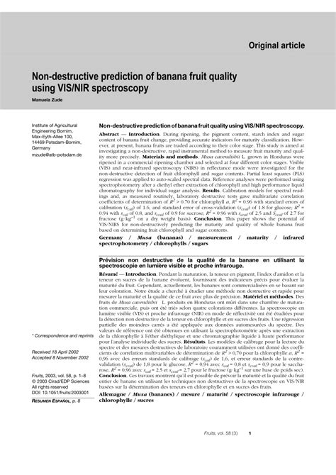 Pdf Non Destructive Prediction Of Banana Fruit Quality Using Visnir