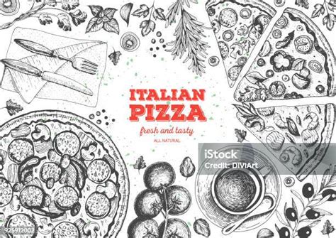 이탈리아 피자 상위 뷰 프레임입니다 이탈리아 요리 메뉴 디자인 서식 파일입니다 빈티지 손으로 그린 스케치 벡터 일러스트입니다 새겨진된 스타일 고기에 대한 스톡 벡터 아트 및
