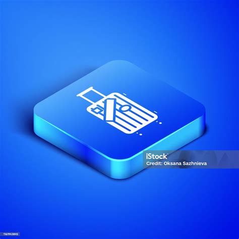 파란색 배경에 격리 된 여행 및 스티커 아이콘용 아이소메트릭 가방 여행 수하물 표지판 여행 수하물 아이콘입니다 파란색 사각형 버튼입니다 벡터 일러스트레이션 가방에 대한 스톡