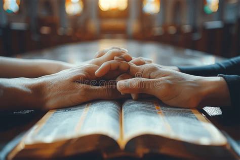 Christian Prayer Support In Church With Bible And Holding Hands Stock