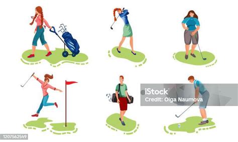잔디에 골프를 치는 다른 사람들의 집합입니다 플랫 만화 스타일의 벡터 일러스트레이션 골프에 대한 스톡 벡터 아트 및 기타 이미지 골프 사람들 골프 선수 Istock