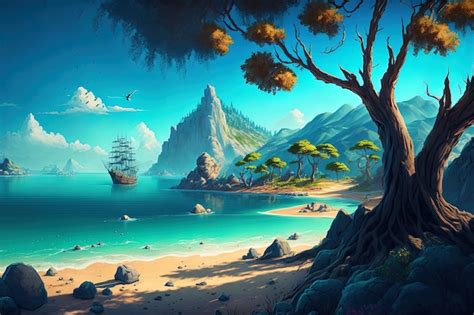 바다 풍경과 판타지 디지털 아트 풍경 바탕 화면 프리미엄 사진