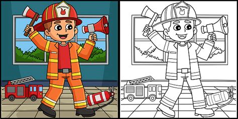 소방관 소년 색칠 공부 페이지 컬러 그림 긴급서비스와 구조 직업에 대한 스톡 벡터 아트 및 기타 이미지 긴급서비스와 구조 직업 낙서 드로잉 다중 색상 Istock