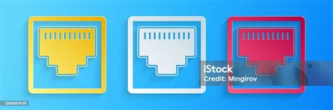 용지 잘라 네트워크 포트 파란색 배경에 격리 된 케이블 소켓 아이콘 Lan 포트 아이콘입니다 이더넷 간단한 아이콘 로컬 영역 커넥터 아이콘입니다 종이 아트 스타일 벡터