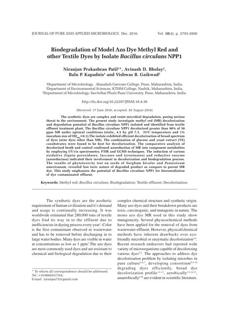 Pdf Biodegradation Of Model Azo Dye Methyl Red And Other Textile Dyes