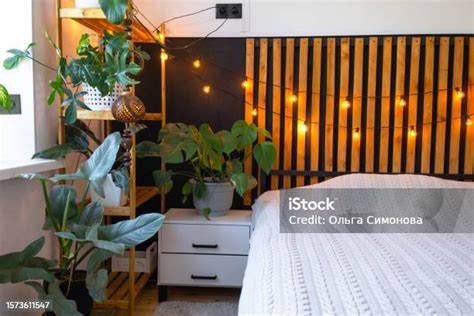로프트 스타일의 침실 인테리어 나무 칸막이가 있는 검은 벽 금속 침대 복고풍 전구 화환 다락방의 사다리꼴 창문에 화분에 심은 식물 모던 그린 하우스 필로덴드론에 대한 스톡
