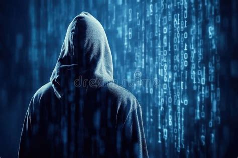 mysterious figure in hoodie surrounded by digital binary code at night
