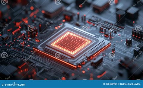 Glowing Red Cpu On Advanced Motherboard Circuit Stock Illustration