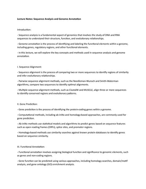 Lecture Notes Sequence Analysis And Genome Annotation Lecture Notes